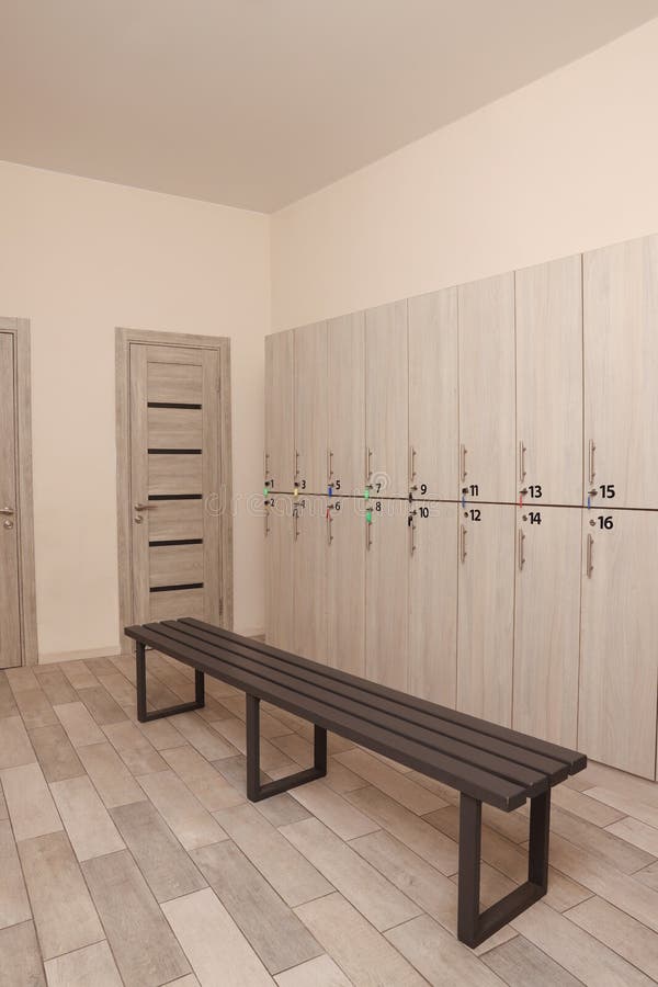 Wooden Bench and Lockers in Changing Room Interior Stock Photo - Image ...