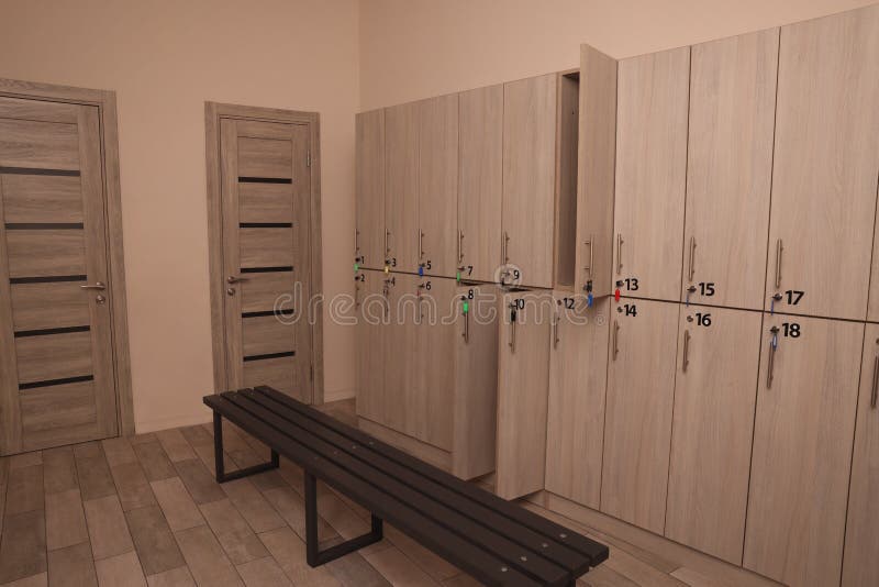 Wooden Bench and Lockers in Changing Room Interior Stock Photo - Image ...