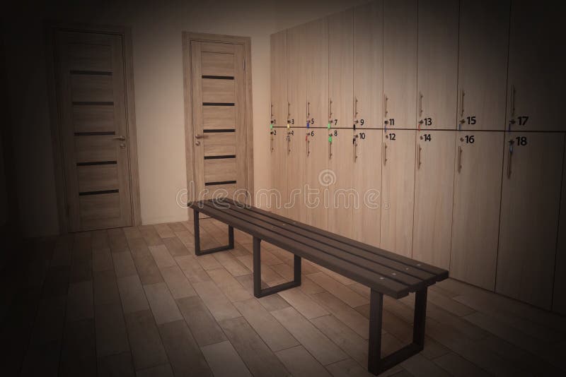 Wooden Bench and Lockers in Changing Room Interior. Vignette Effect ...