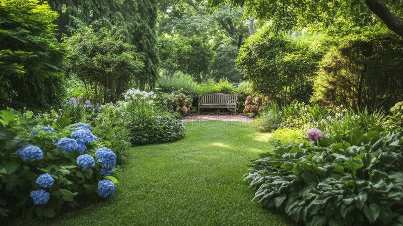 A Wooden Bench in a Lush Garden Setting Stock Illustration ...