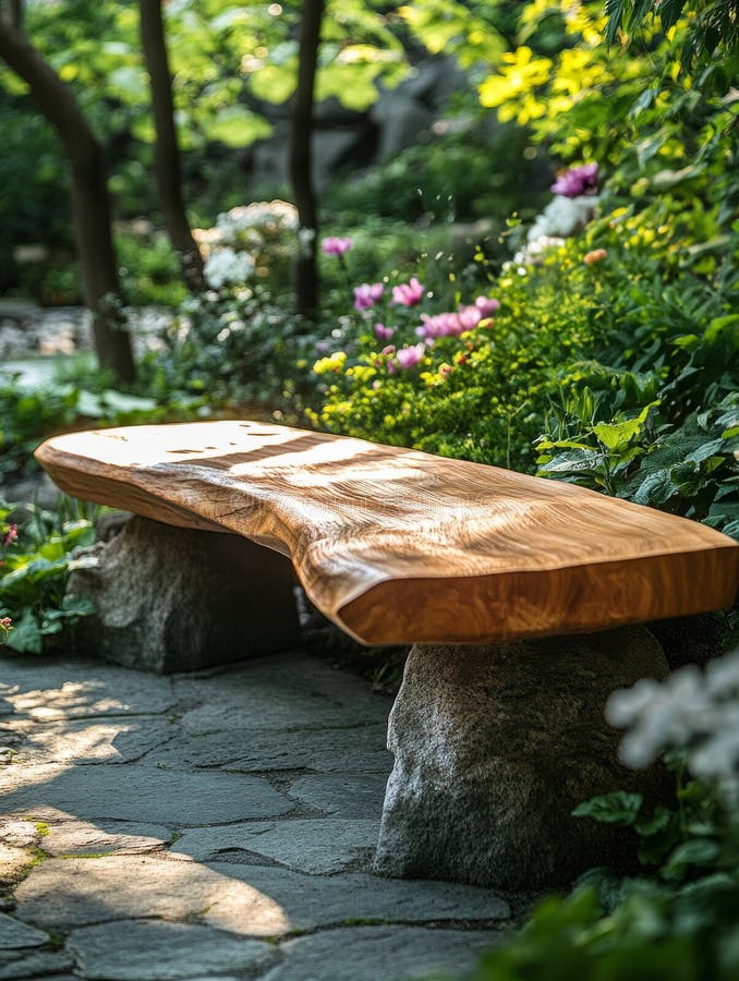 Wooden Bench in a Lush Garden Setting. Stock Photo - Image of ...