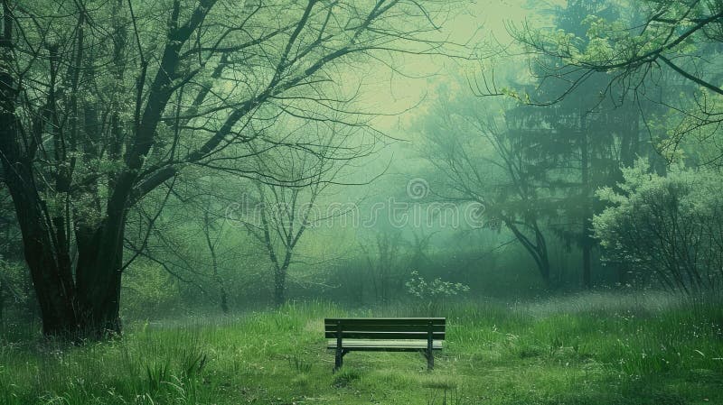 Wooden Bench in Lush Green Forest Clearing Stock Illustration ...