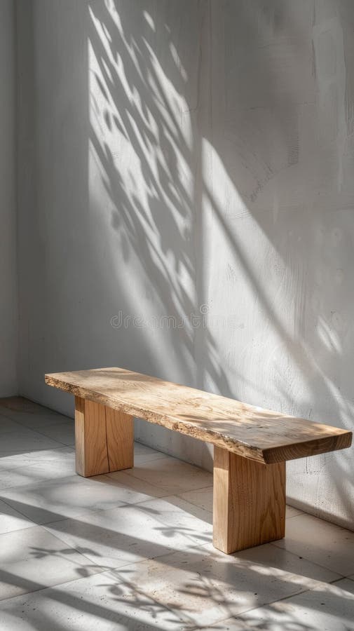 Wooden Bench with Natural Light Shadows on White Background, Minimalist ...
