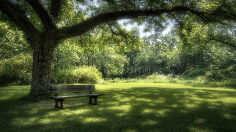 A Wooden Bench Nestled Beneath a Verdant Tree in a Peaceful Park. Stock ...