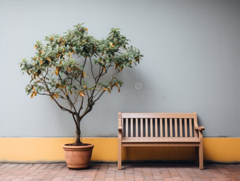 A Wooden Bench Next To a Potted Tree Stock Illustration - Illustration ...