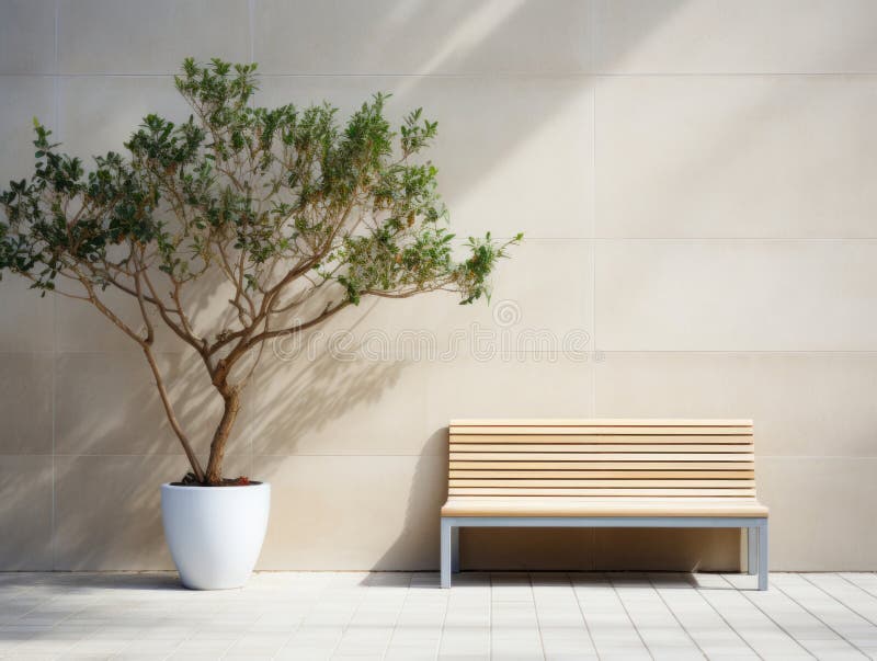 A Wooden Bench Next To a Tree and a Potted Plant Stock Illustration ...
