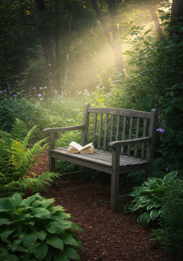 Wooden Bench with Open Book in Sunlit Garden Stock Illustration ...