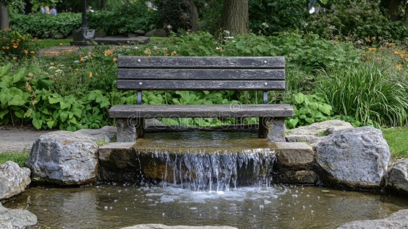 Wooden Bench Over Small Waterfall in Park Setting Stock Illustration ...