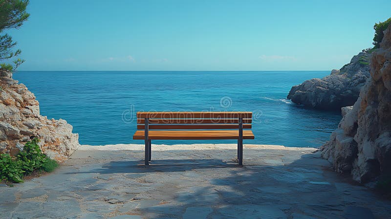 A Wooden Bench Overlooking a Beautiful Blue Ocean with Rocky Cliffs on ...