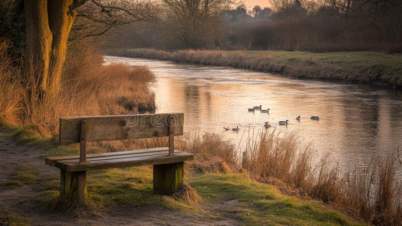 Wooden Bench Overlooking Ducks on a Still River Stock Illustration ...