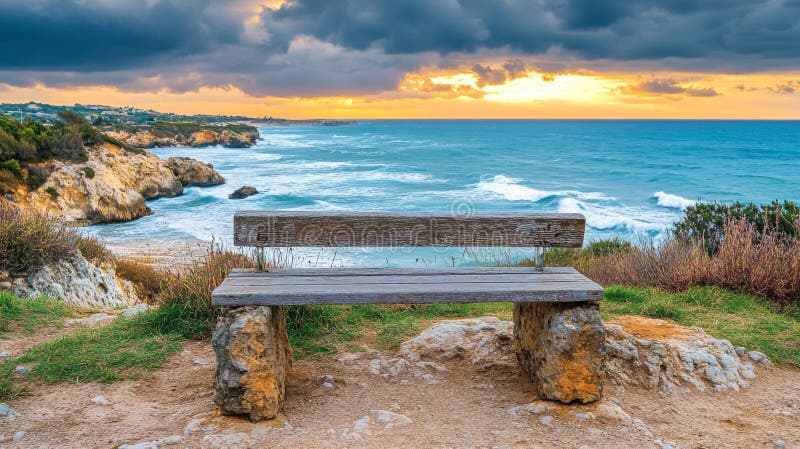 Wooden Bench Overlooking Ocean with Stormy Sky and Sunset Stock ...