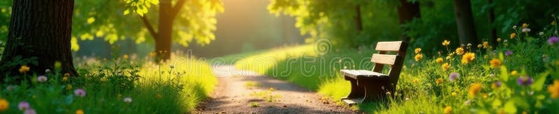 Wooden Bench Overlooking Path, Sunlight Dappled Leaves, Foliage ...