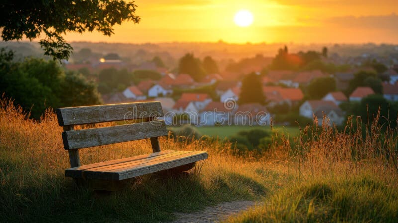 A Wooden Bench Overlooking a Village at Sunset Stock Illustration ...
