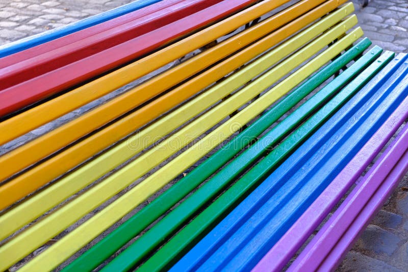 Wooden Bench Painted with Rainbow Colors Stock Image - Image of equal ...
