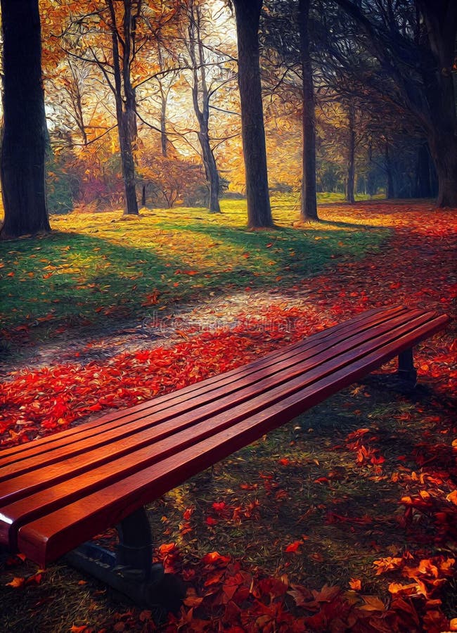 Wooden Bench in a Park in Autumn Stock Photo - Image of fall, wooden ...
