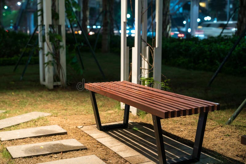 Wooden Bench in the Park at Night Stock Photo - Image of calm, green ...