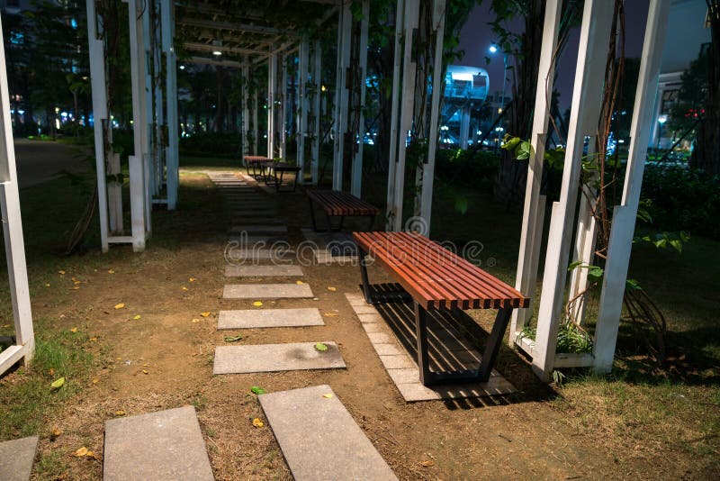 Wooden Bench in the Park at Night Stock Photo - Image of green, night ...