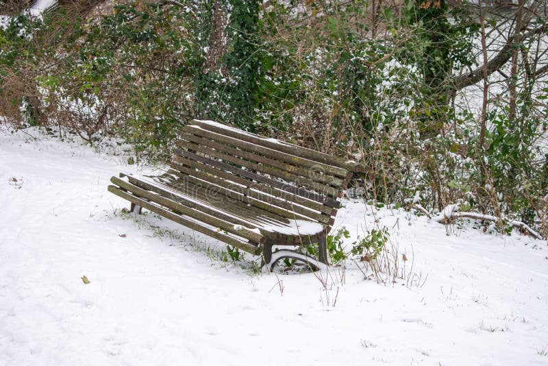 Wooden Bench in Park with Snow in Winter Stock Image - Image of ...