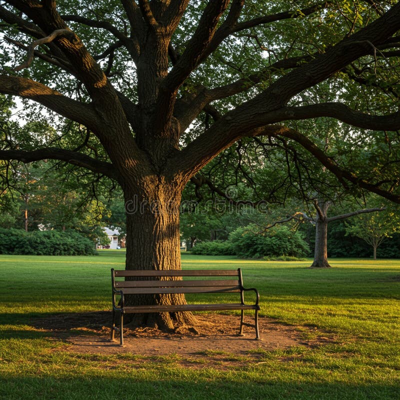 Wooden Bench Placed Beneath a Large, Sprawling Tree with Thick ...