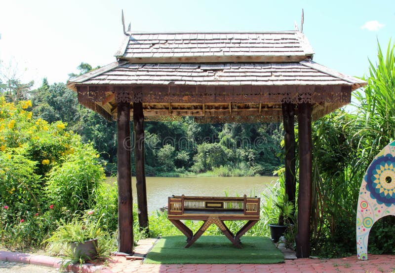 Wooden Bench Placed in Wooden Pavilion Stock Image - Image of ...