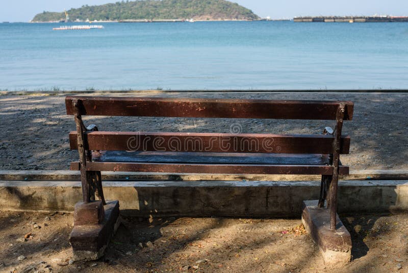 The Wooden Bench at the Seaside Stock Image - Image of concrete, view ...