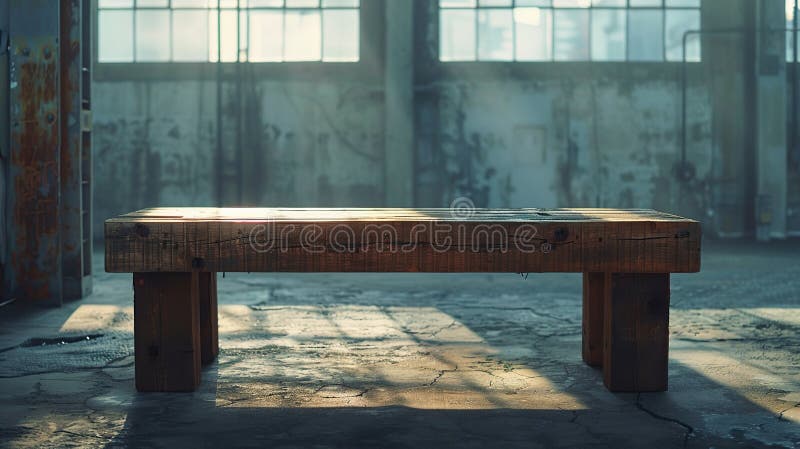 A Wooden Bench Sits in an Industrial Space with Large Windows and ...