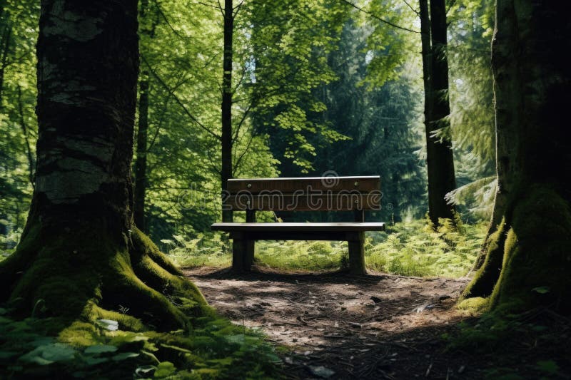 A Wooden Bench is Sitting in a Forest Stock Image - Image of nature ...