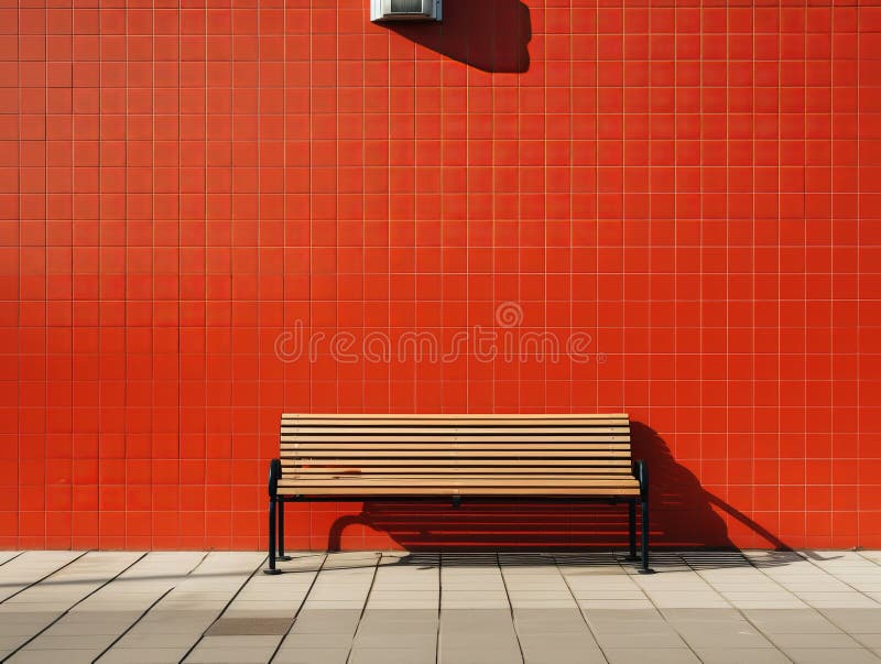 A Wooden Bench Sitting in Front of a Red Wall Stock Illustration ...