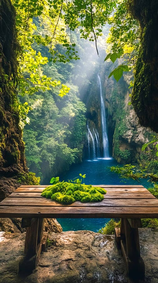 A Wooden Bench Sitting in Front of a Waterfall Stock Image - Image of ...