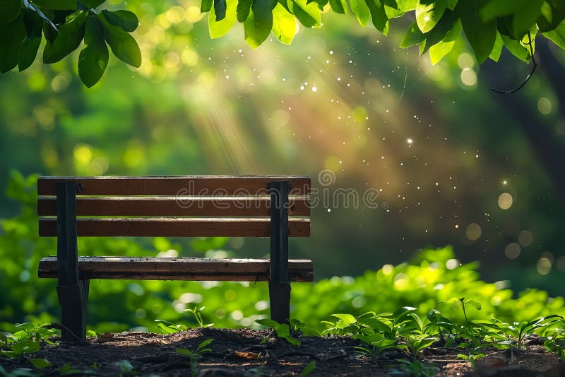 A Wooden Bench Sitting in the Middle of a Lush Green Forest Stock Photo ...