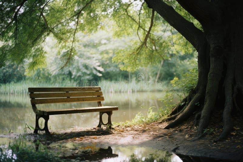 A Wooden Bench Sitting Under a Tree Next To a Pond Stock Illustration ...