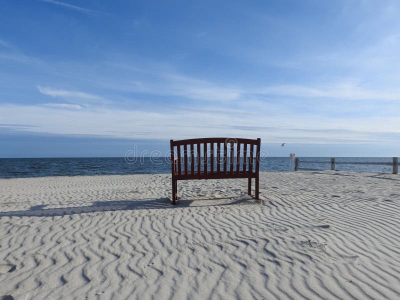 Wooden Bench Sitting on the White Sand Beach in Cape Cod Stock Photo ...