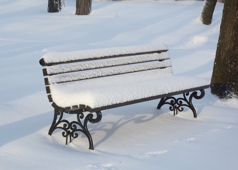 Wooden Bench in the Winter Park Covered Snow Stock Image - Image of ...