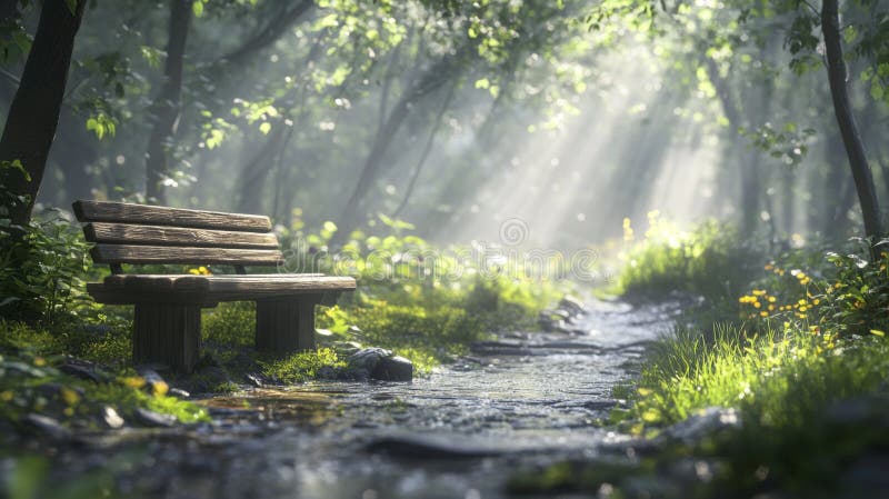 Wooden Bench in a Sun-Drenched Forest Path Stock Illustration ...