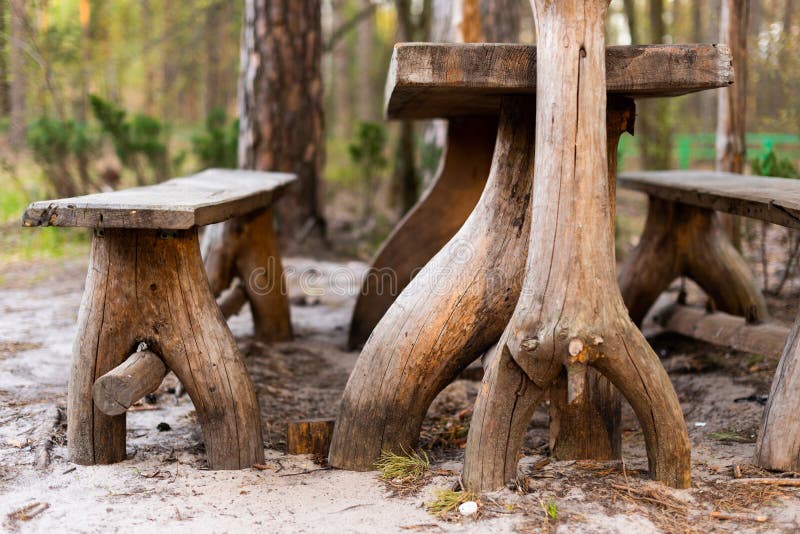 Wooden Bench and Table in the Forest Stock Photo - Image of carpenter ...