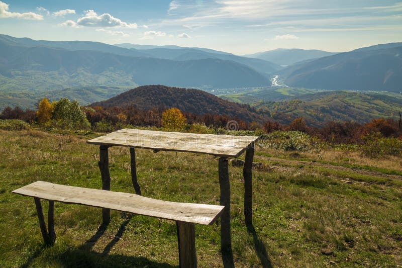Wooden Bench and Table on the Mountain Trail Stock Photo - Image of ...