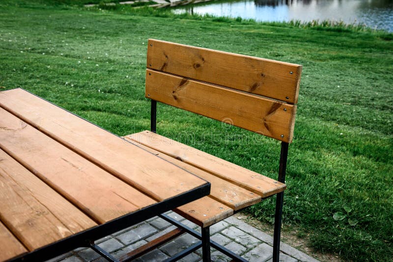 Wooden Bench and Table in Public Park Stock Photo - Image of leisure ...