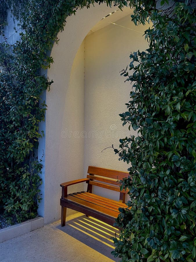 Wooden Bench Under Archway with Plants, in a Landscape of Shrubs and ...