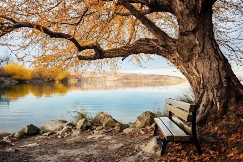 Wooden Bench Under an Old Tree Overlooking a Lake Stock Photo - Image ...