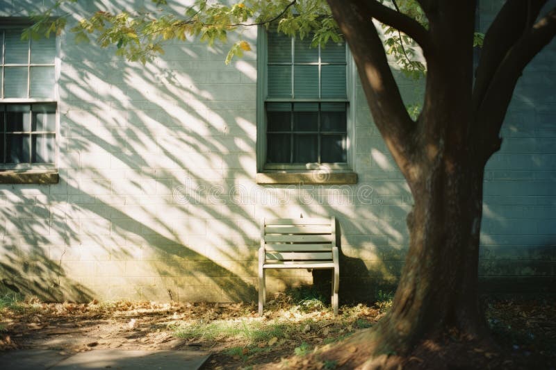 A Wooden Bench Under a Tree in Front of a Building Stock Illustration ...