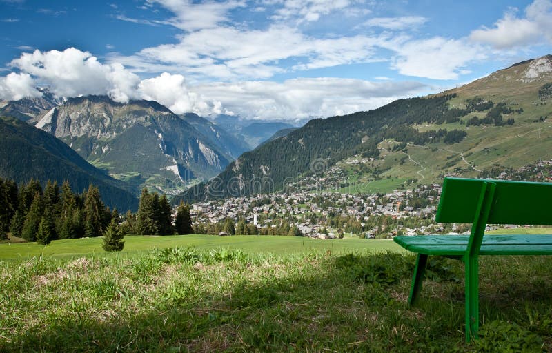 Red bench in Switzerland. stock photo. Image of vacation - 59844796