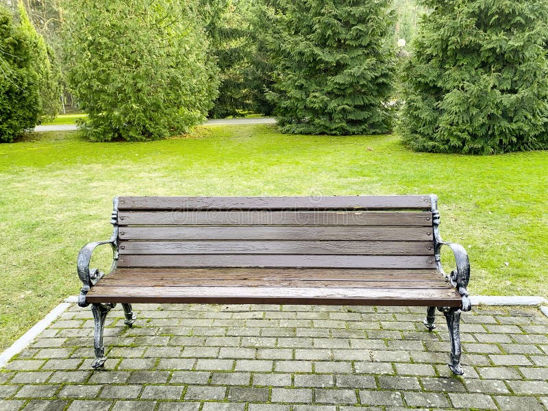 Wooden Bench on Walkway in Park. Photo. Stock Photo - Image of spring ...