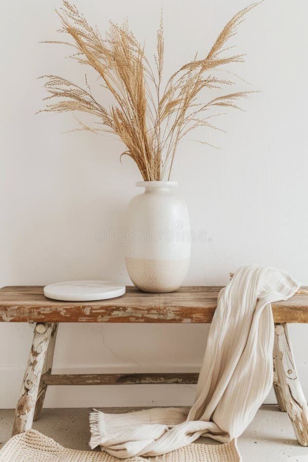 A Wooden Bench with a White Vase and a White Blanket on it Stock Image ...