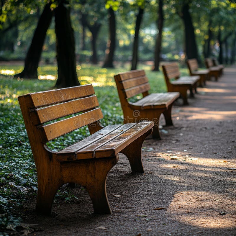 Wooden Benches Along a Tree-lined Path in a Tranquil Park. Stock Image ...