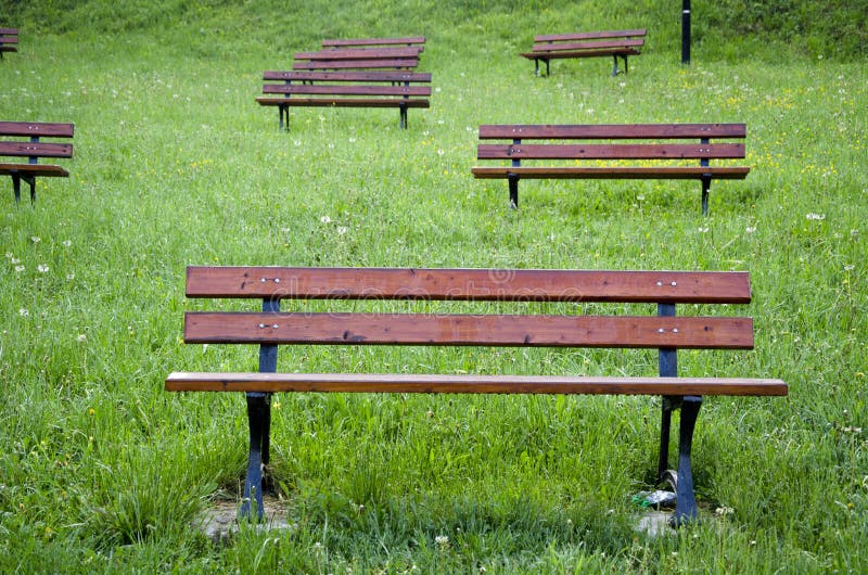 Wooden Benches on Grass in Park Stock Image - Image of brown, outdoor ...