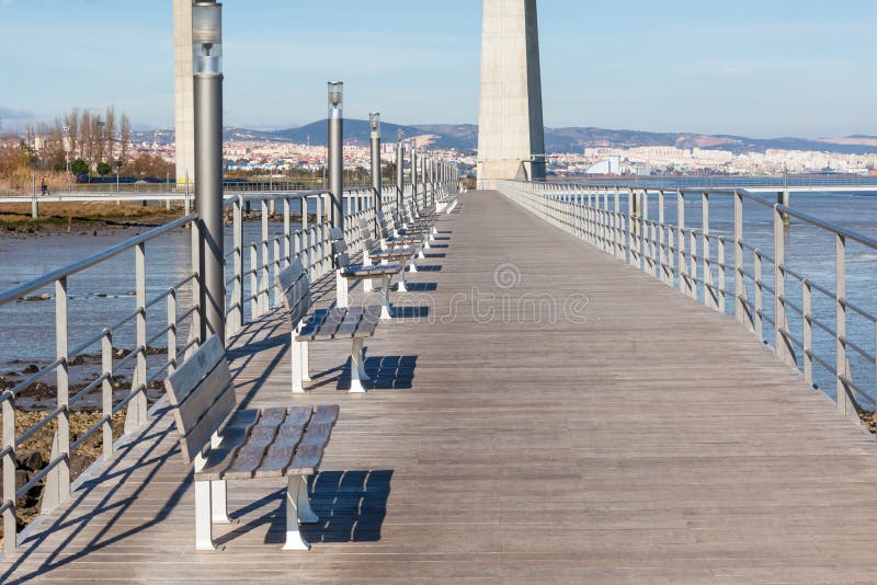 Wooden Benches Row at River Embankment Stock Image - Image of view ...