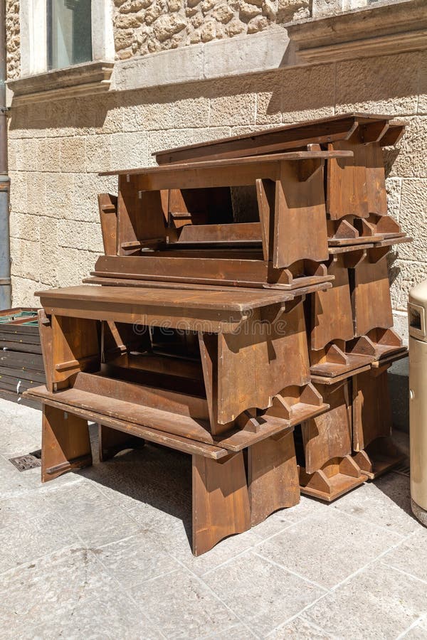 Wooden Benches Stack stock photo. Image of brown, festive - 159391110