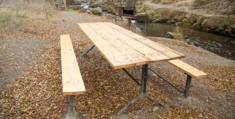 Wooden Benches and Table in Forest at Autumn Stock Illustration ...