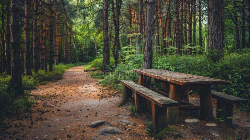 Wooden Benches and Table Set among Trees in Peaceful Forest Pathway ...