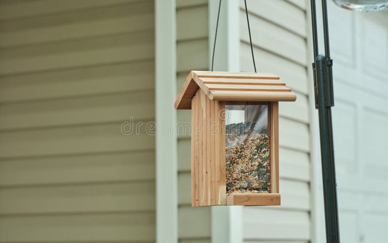 Wooden Bird Feeder on Tree with Bread and Seeds in Park Stock Image ...